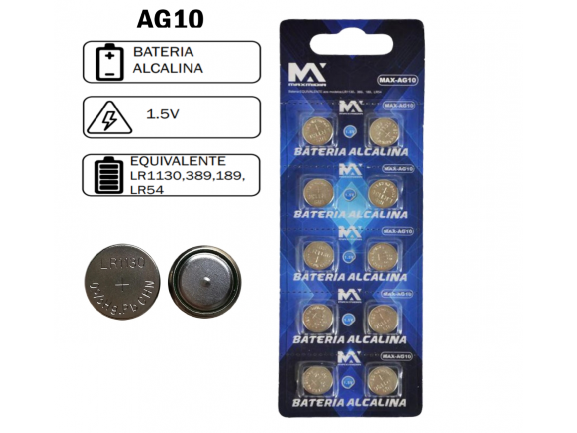 BATERIA ALCALINA AG10 LR1130 1,5V CARTELA C/ 10 MAX-AG10