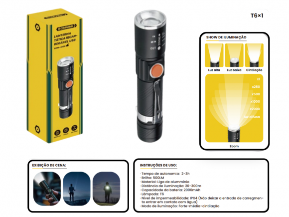 LANTERNA TATICA RECARREGAVEL USB BOM-4306
